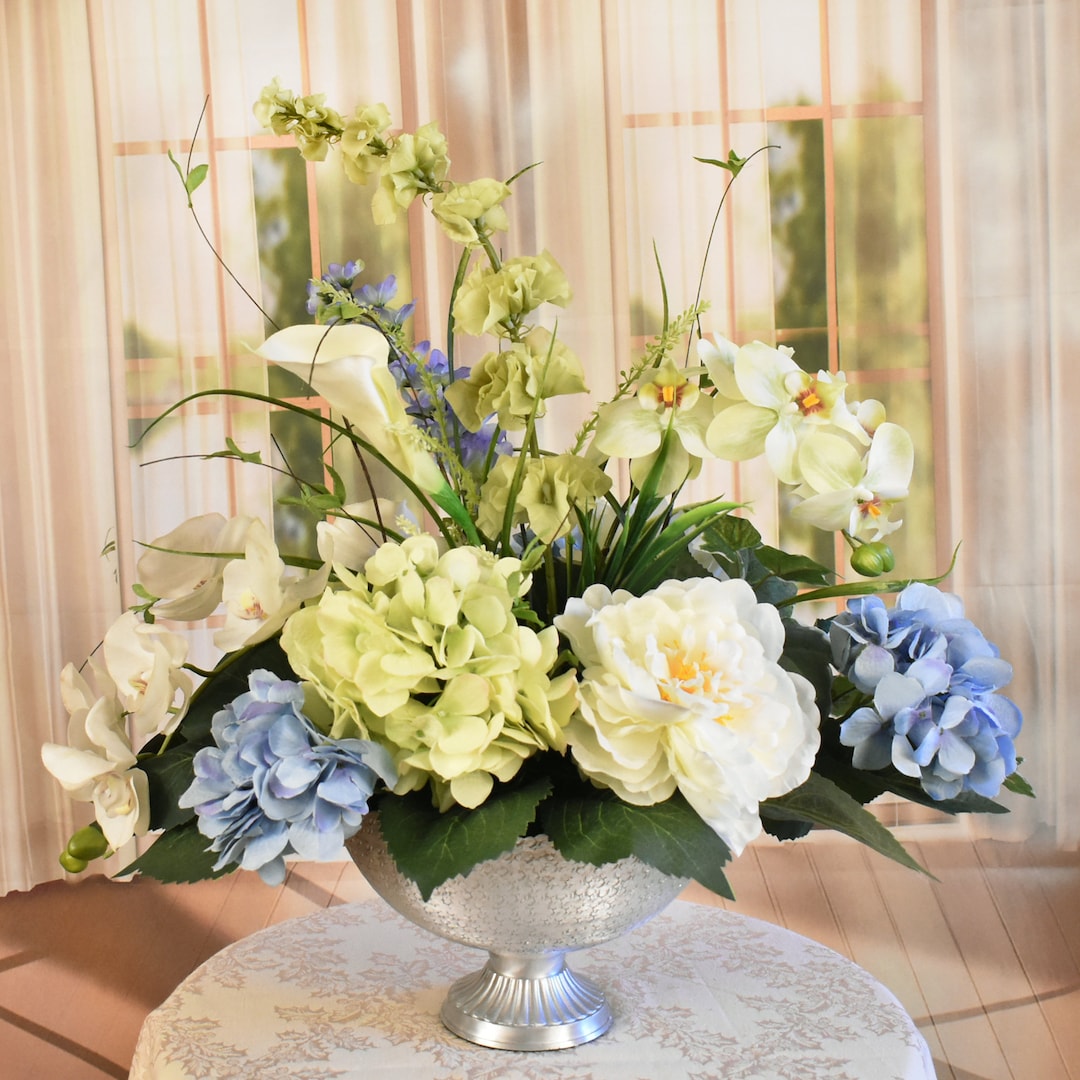 Blue and White Silk Flower Arrangement in Silver Pedestal Bowl - Etsy
