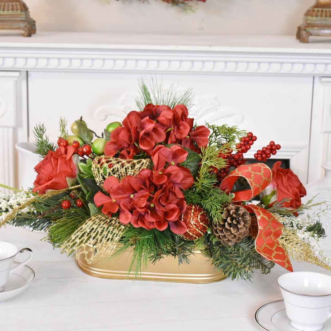 Christmas Floral Silk Centerpiece - Holiday Flower Arrangement - Red ...