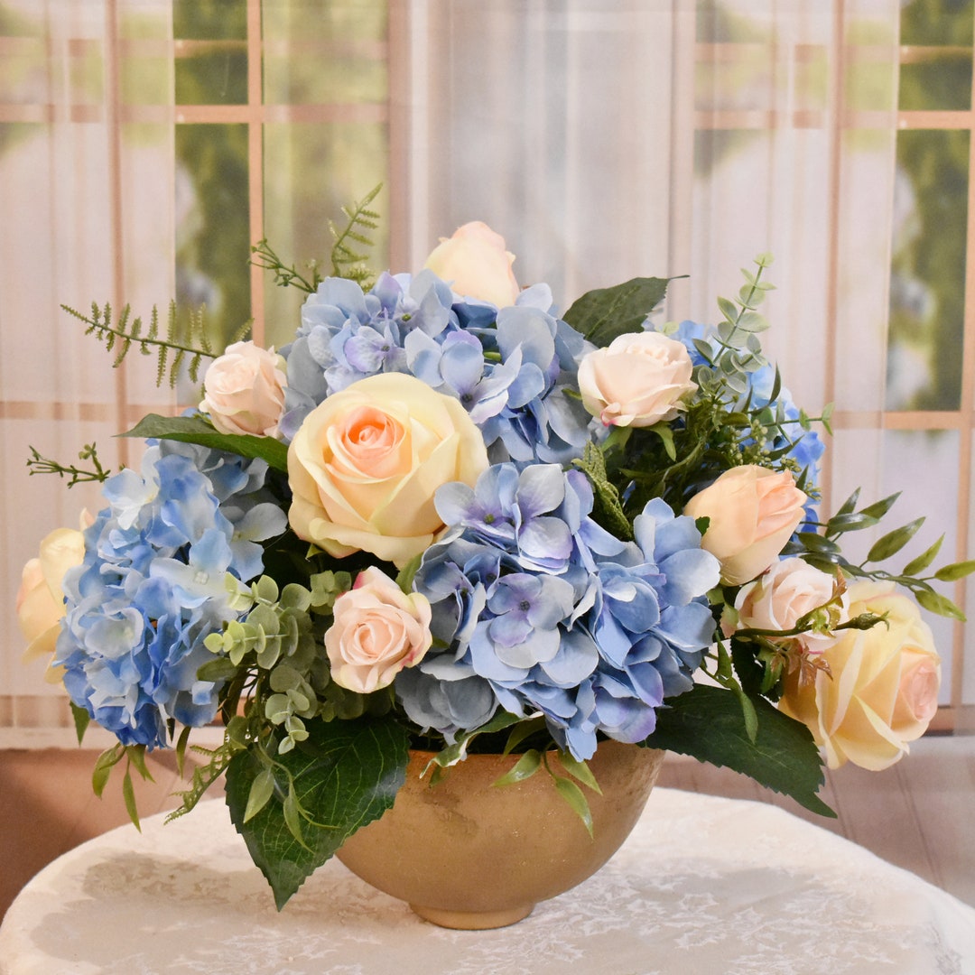 Hydrangea Arrangement Blue Hydrangea and Pink Rose Floral Arrangement ...
