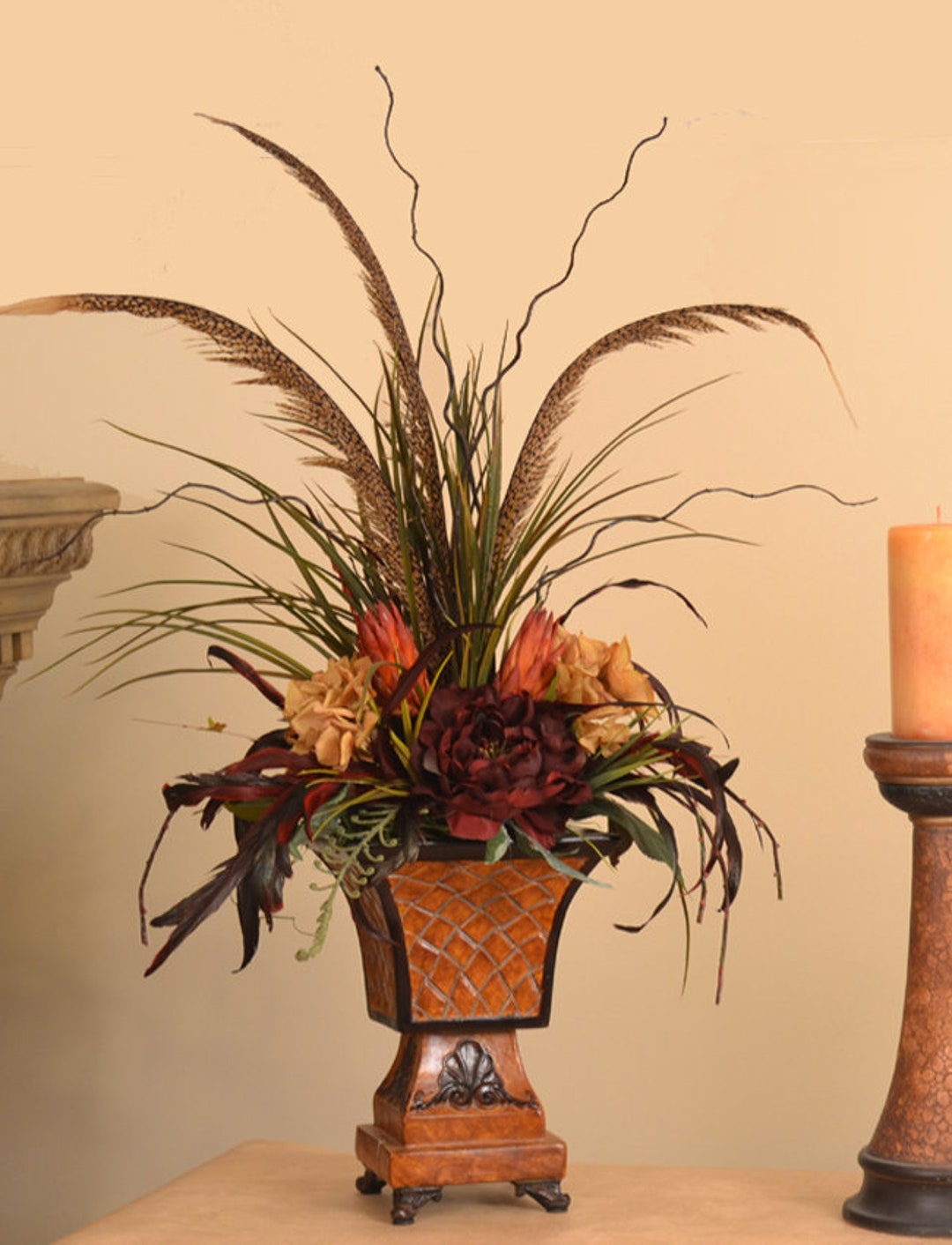Pheasant Feather Floral Design With Natural Accents- Silk Floral ...