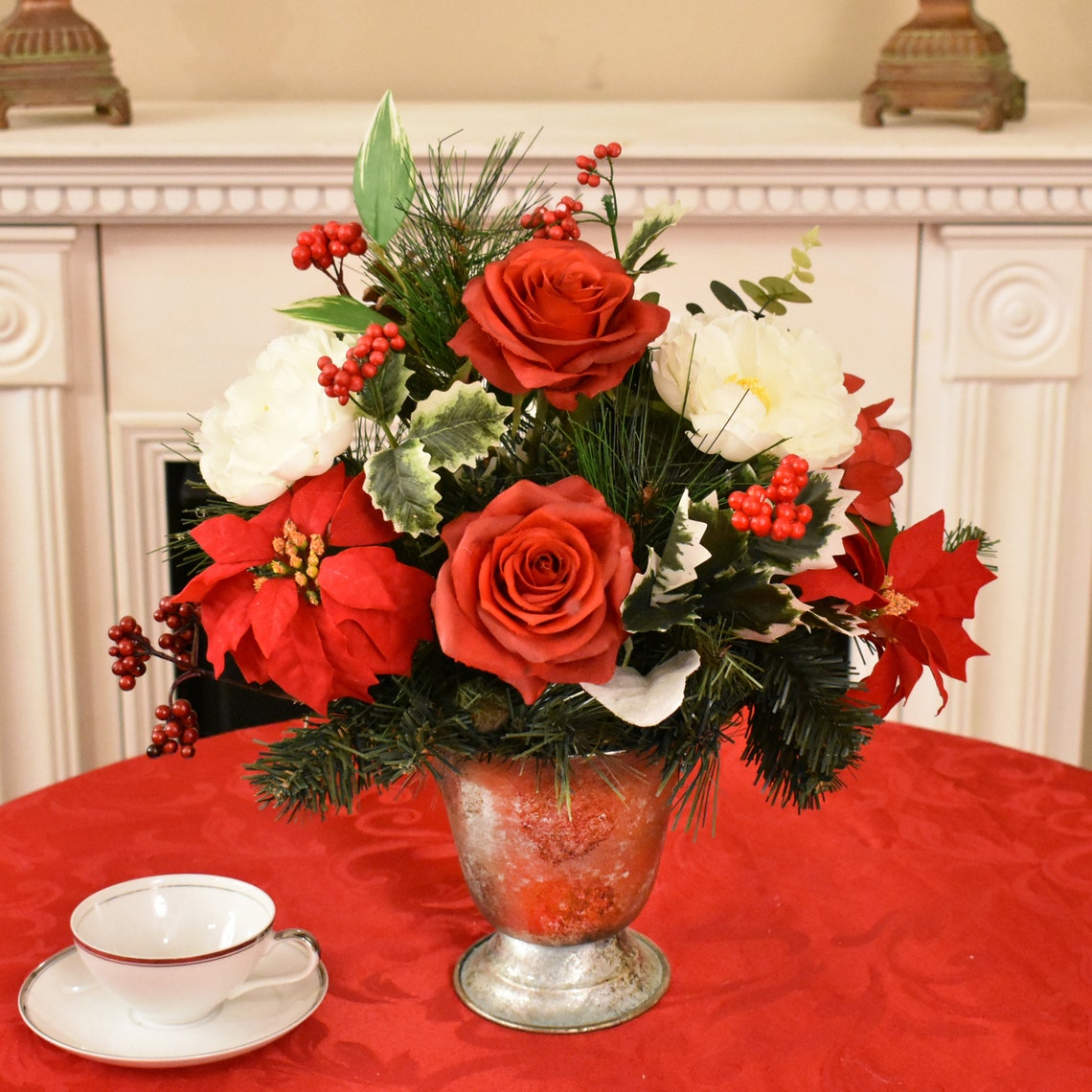 Red and White Christmas Faux Floral Design With Roses and Poinsettias ...