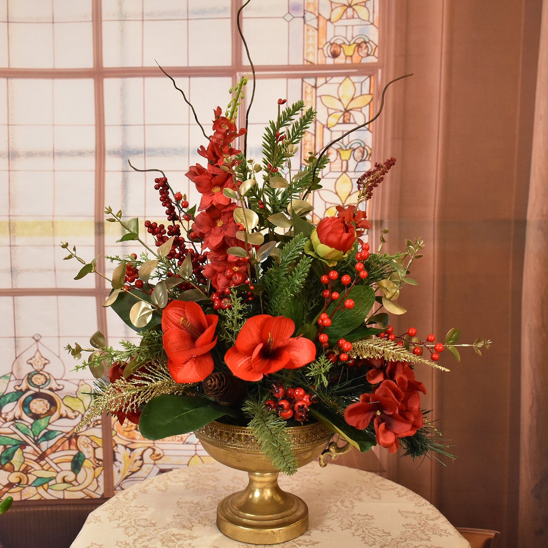 Christmas Faux Silk Floral Arrangement With Red Amaryllis - Etsy