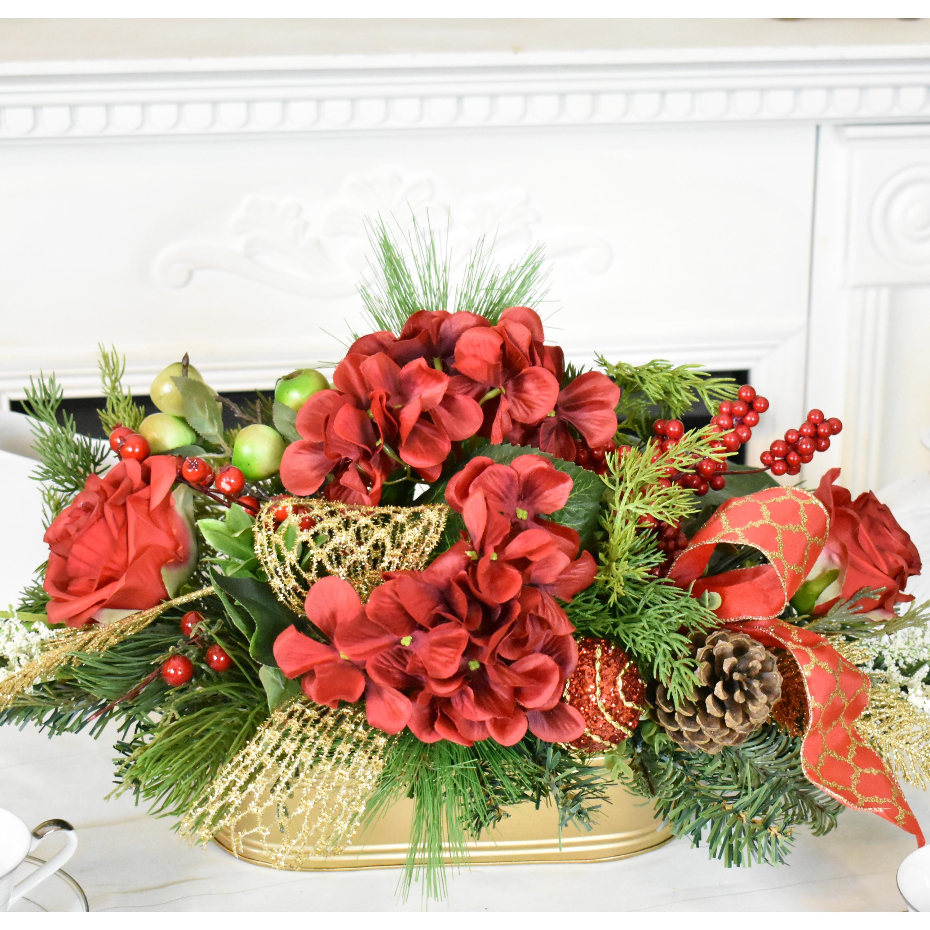 Christmas Floral Silk Centerpiece - Holiday Flower Arrangement - Red ...
