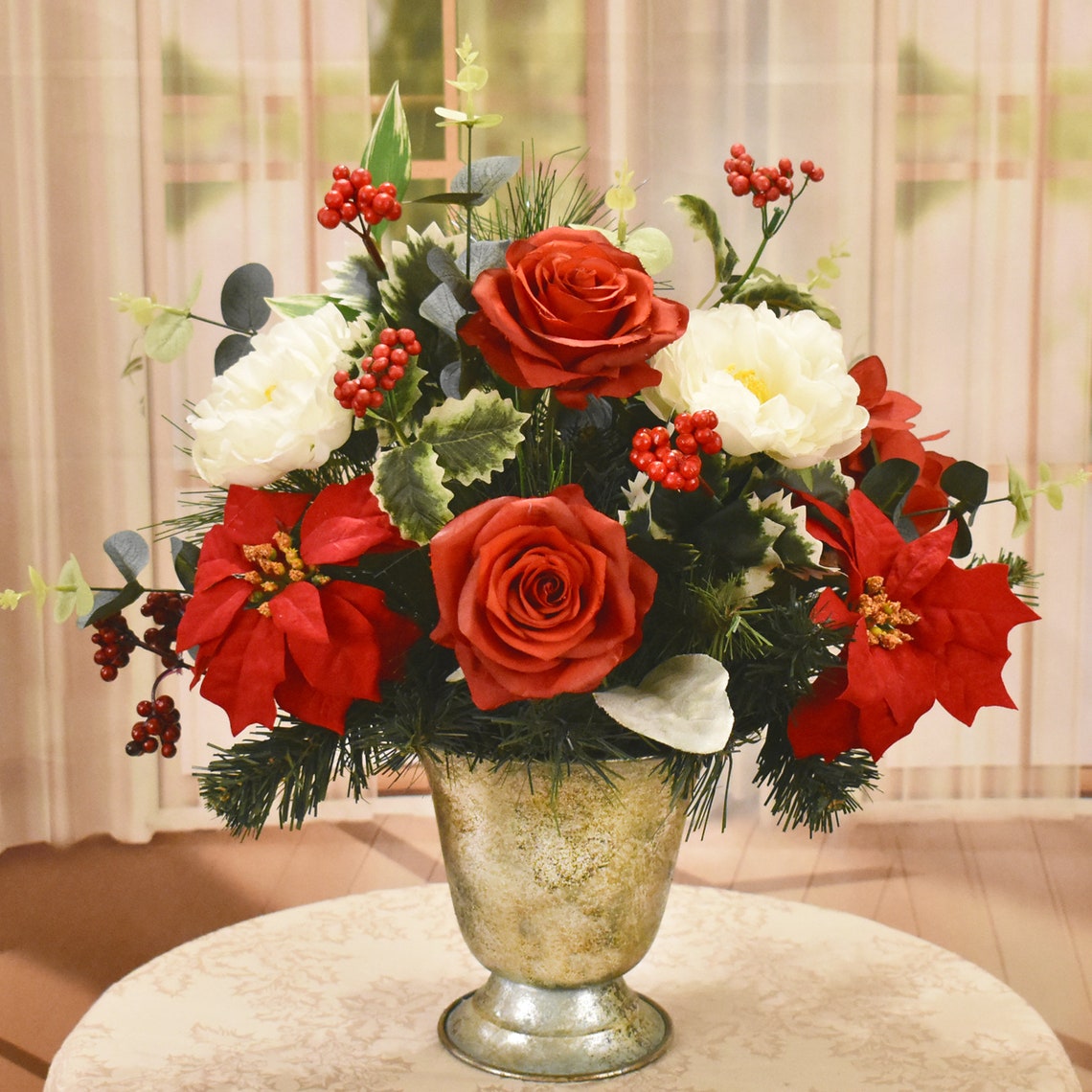 Red and White Christmas Faux Floral Design With Roses and Poinsettias ...