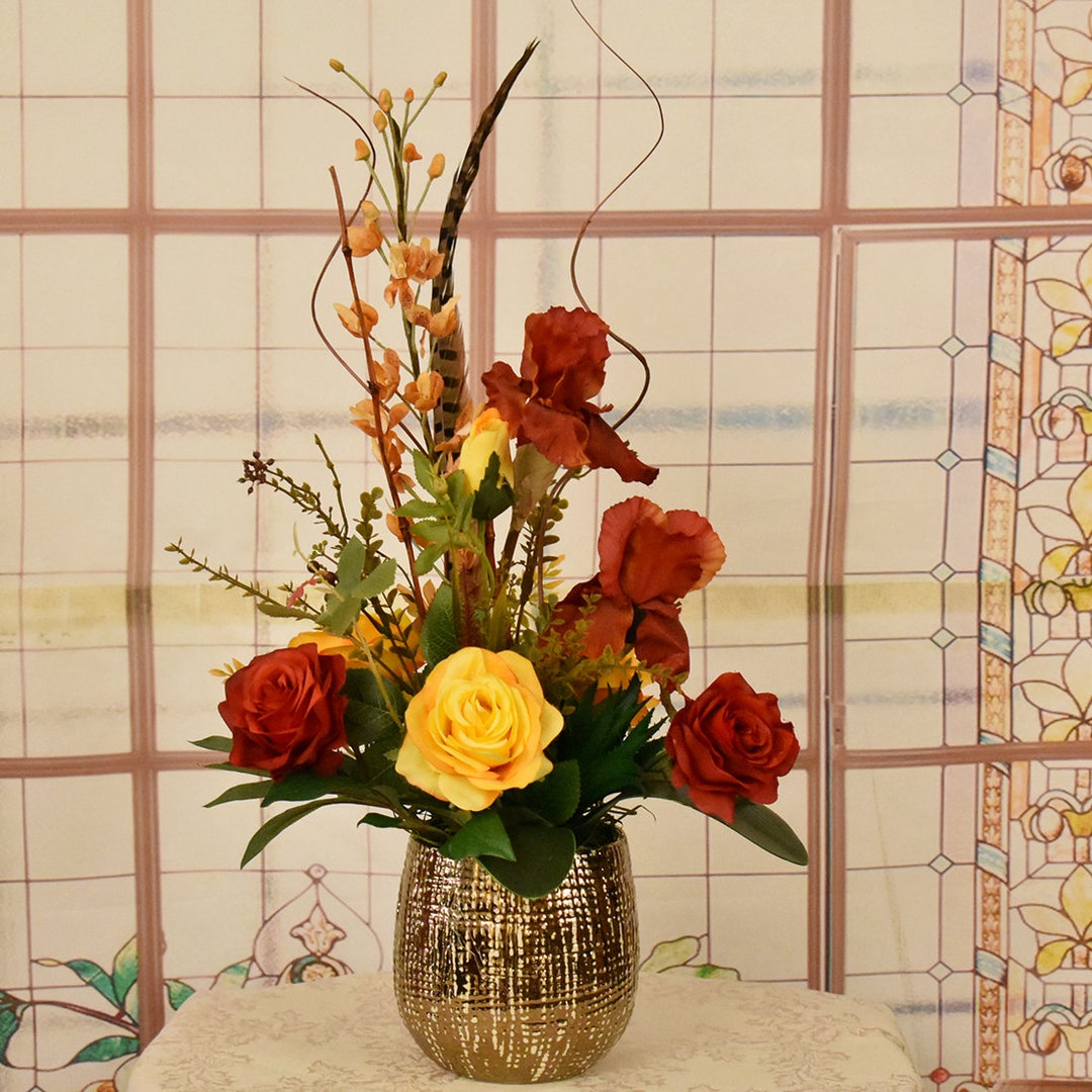 Red and Gold Silk Floral Arrangement in Gold Bowl - Etsy