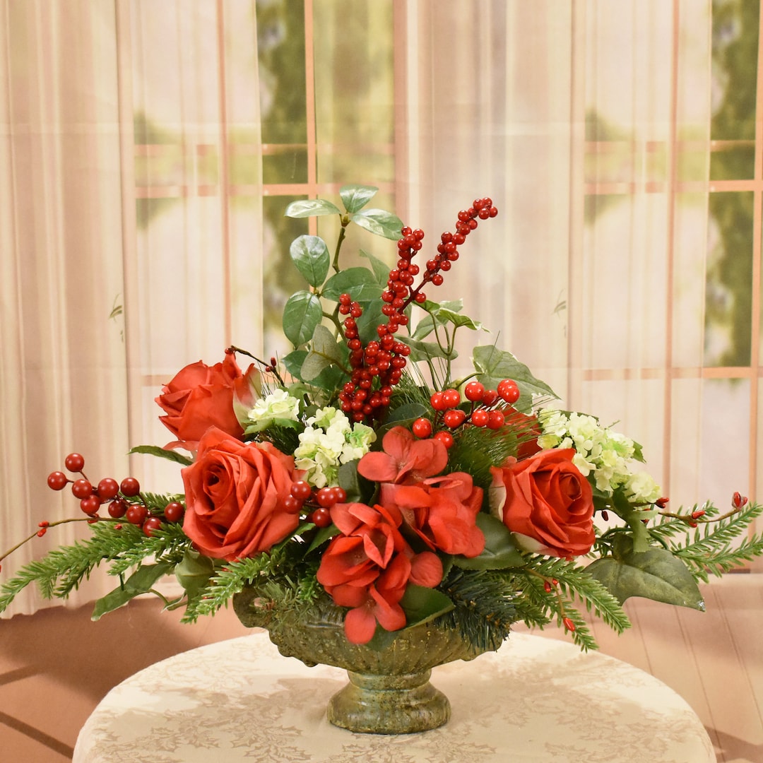 Red Rose and Snowball Christmas Centerpiece Silk Holiday Floral Design ...