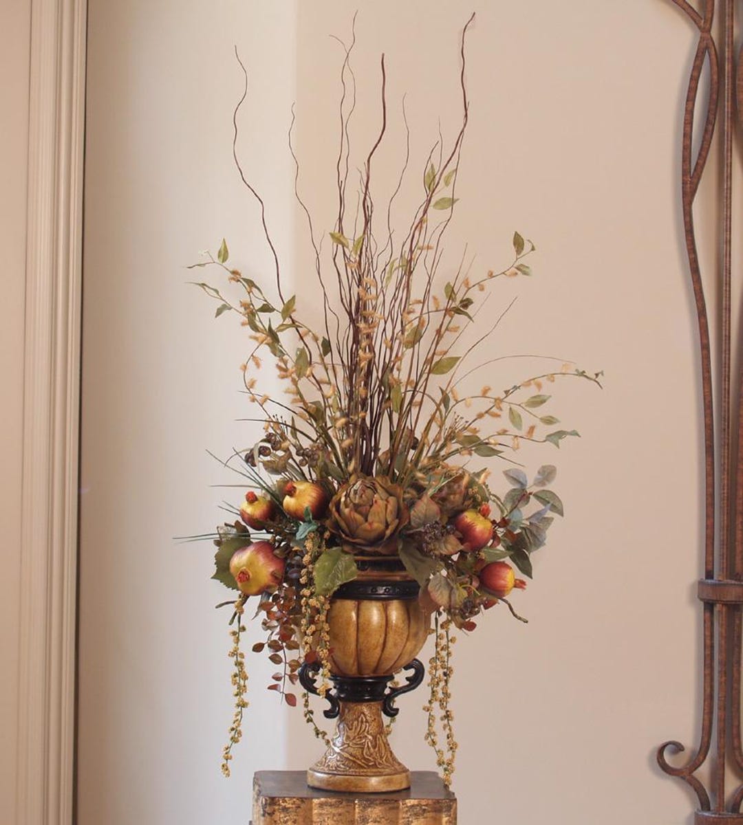 Cinnamon Wildflower Feather Floral Arrangement in Urn Mantel Design One ...