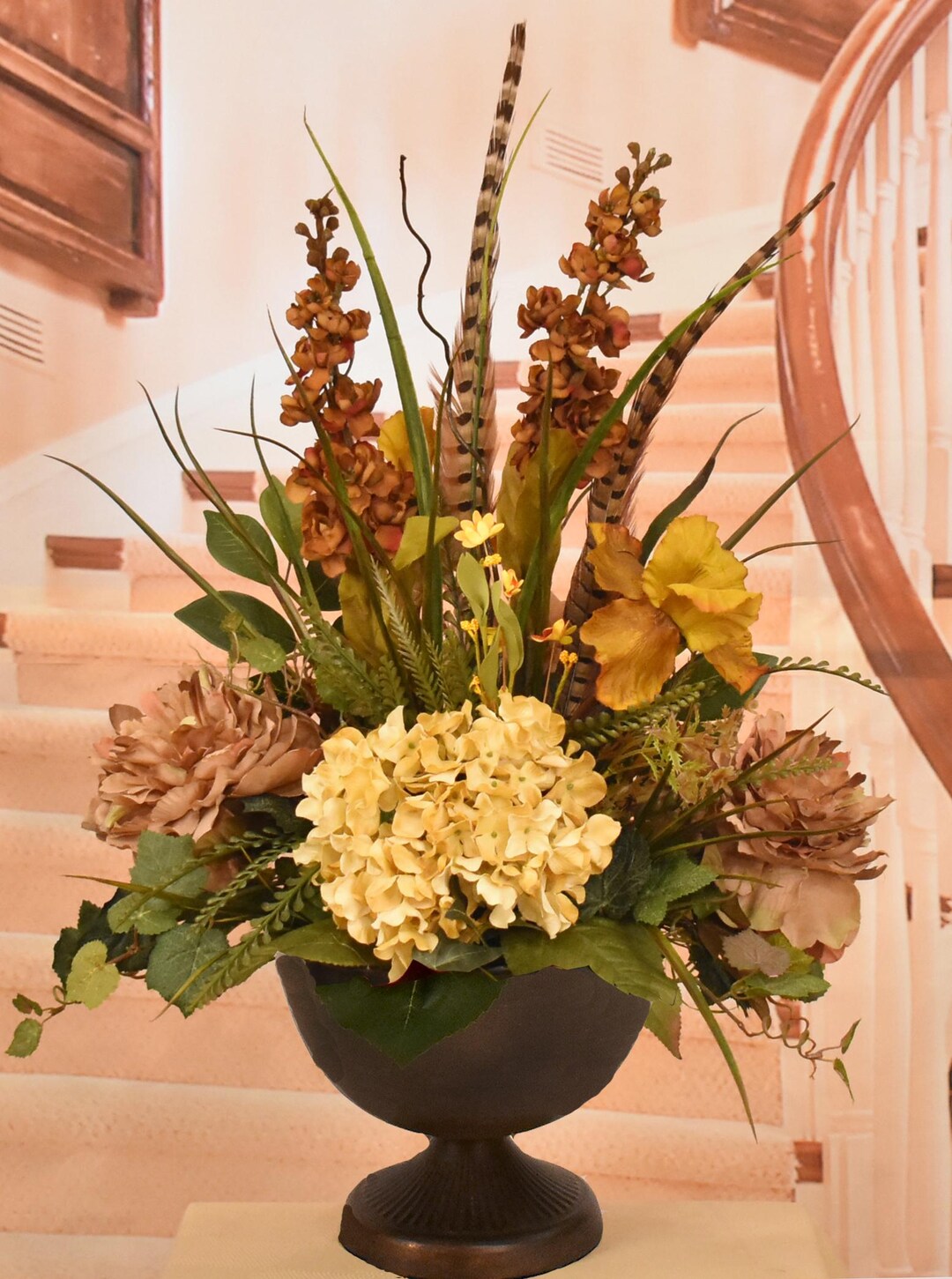 Brown, Gold and Tan Silk Floral Centerpiece With Feathers - Etsy