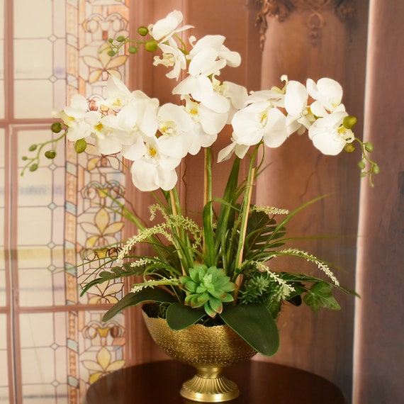 White Phalaenopsis Orchids in Gold Bowl Faux Orchids - Etsy