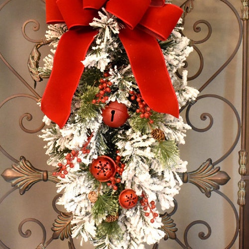 Snow Flocked Jingle Bell Door Swag - Etsy