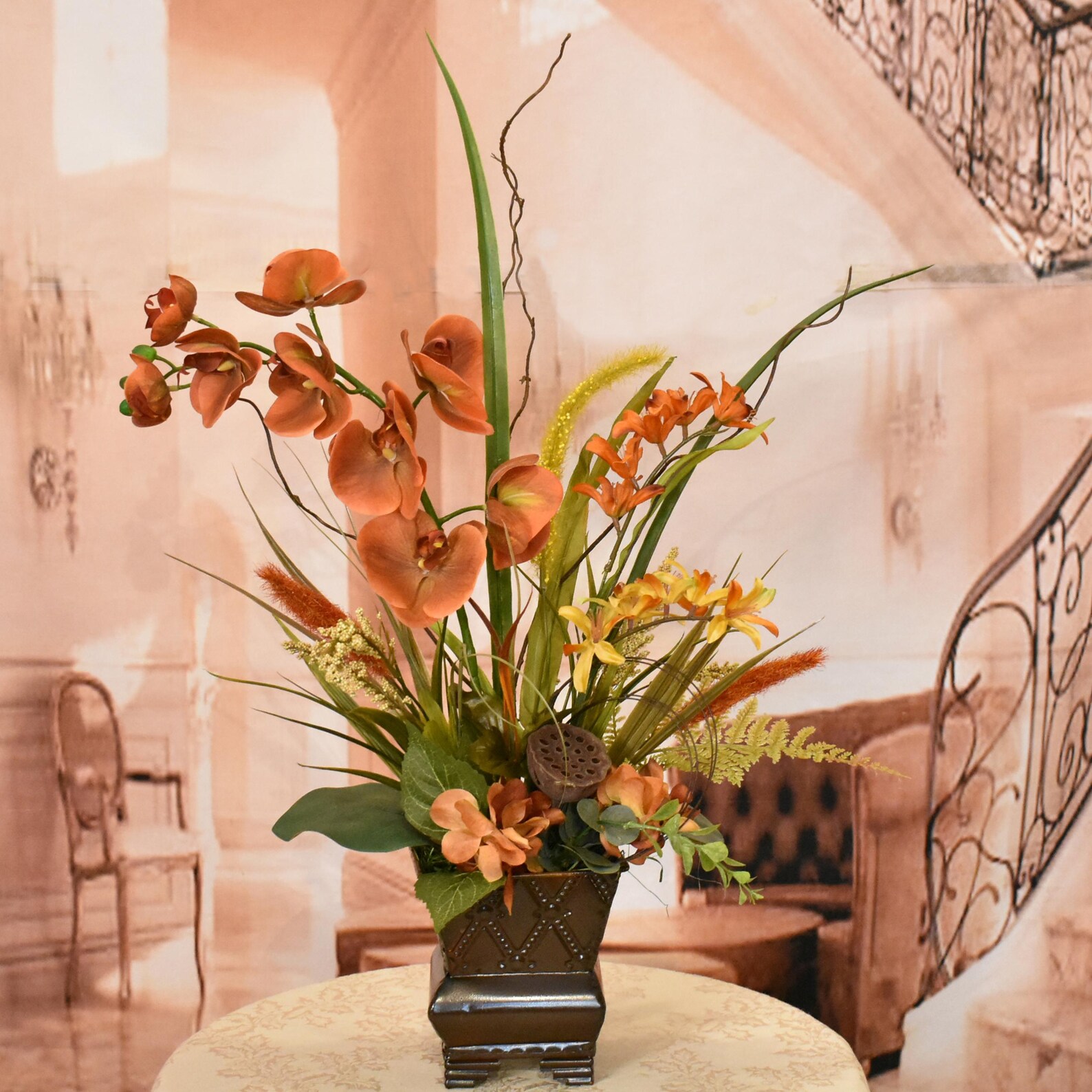 Terra Cotta Orchid Silk Floral Design With Feathers and Botanicals - Etsy