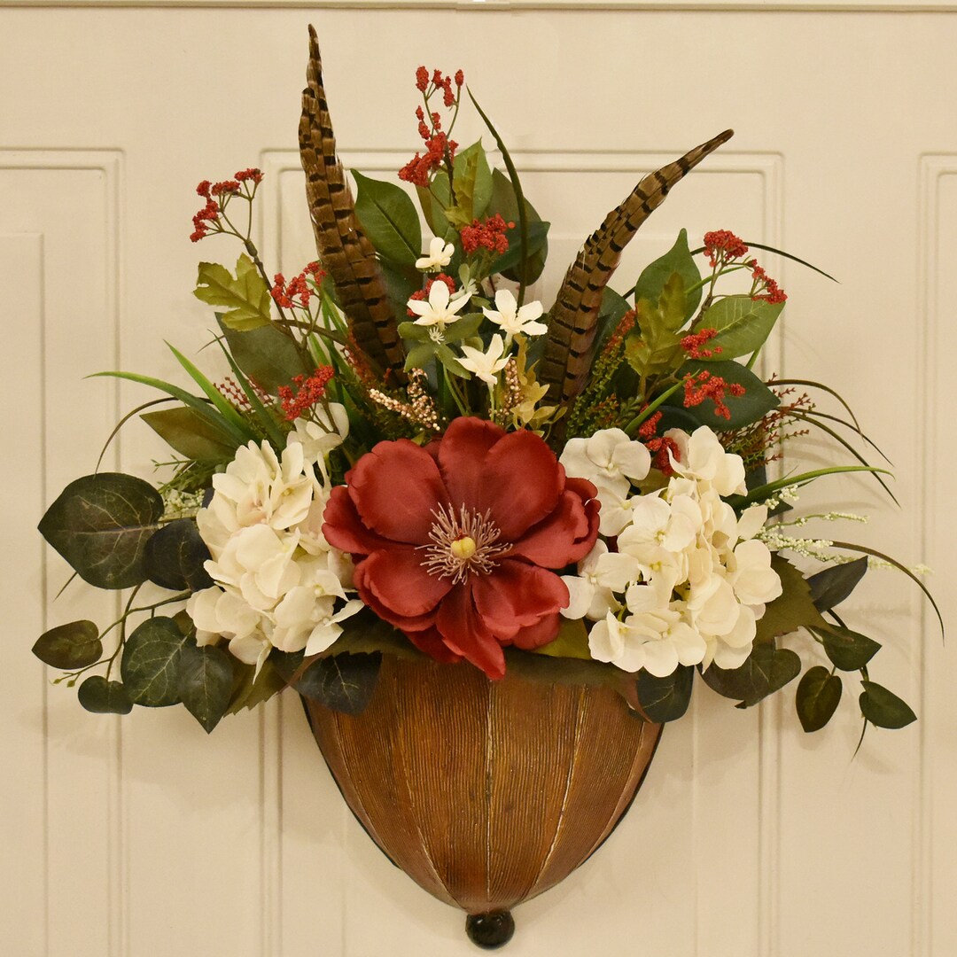 Silk Floral Magnolia and Hydrangea Wall Sconce With Feathers - Etsy