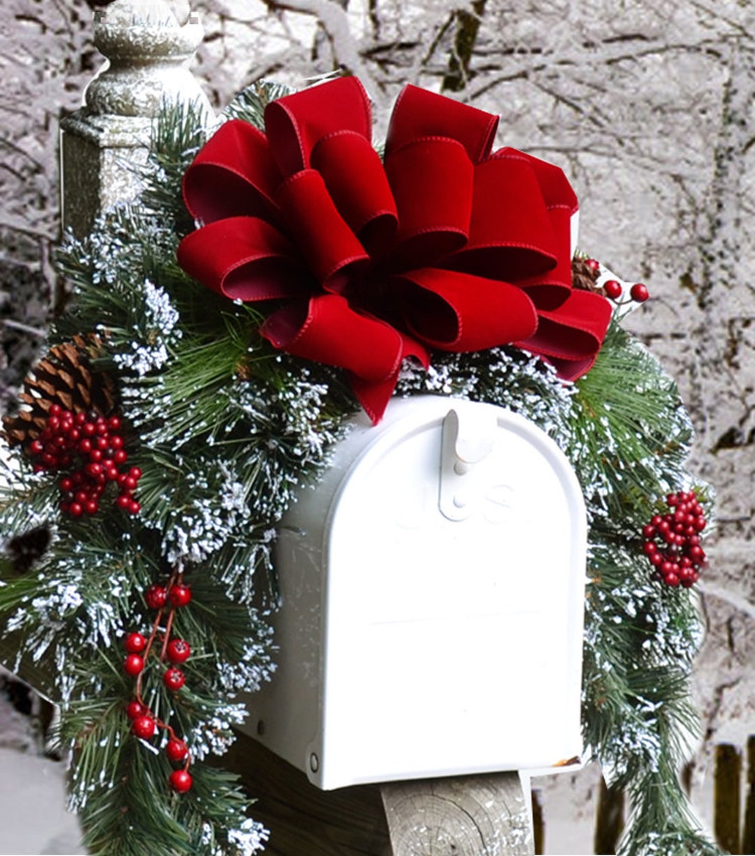 Snow Flocked Holiday Mailbox Swag With Red Velvet Ribbon - Etsy