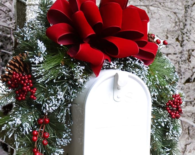 Snow Flocked Holiday Mailbox Swag With Red Velvet Ribbon - Christmas ...