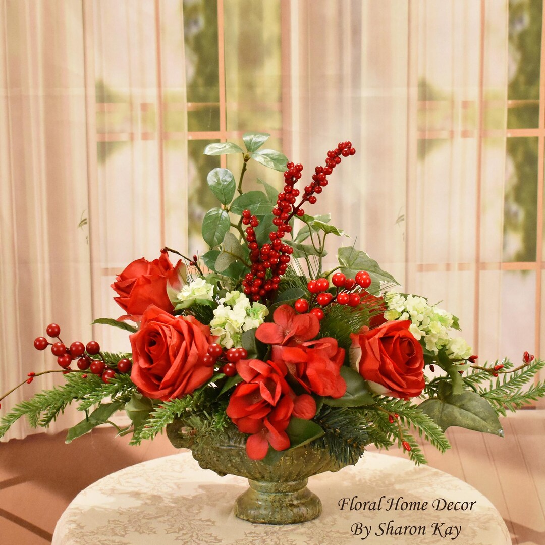 Red Rose and Snowball Christmas Centerpiece - Silk Holiday Floral ...