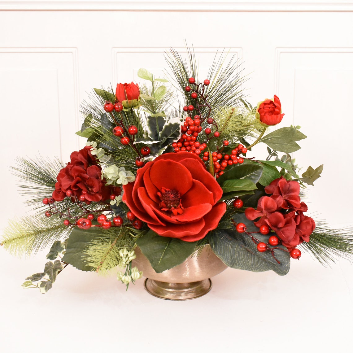 Red Magnolia and Hydrangea Winter Floral Centerpiece With - Etsy