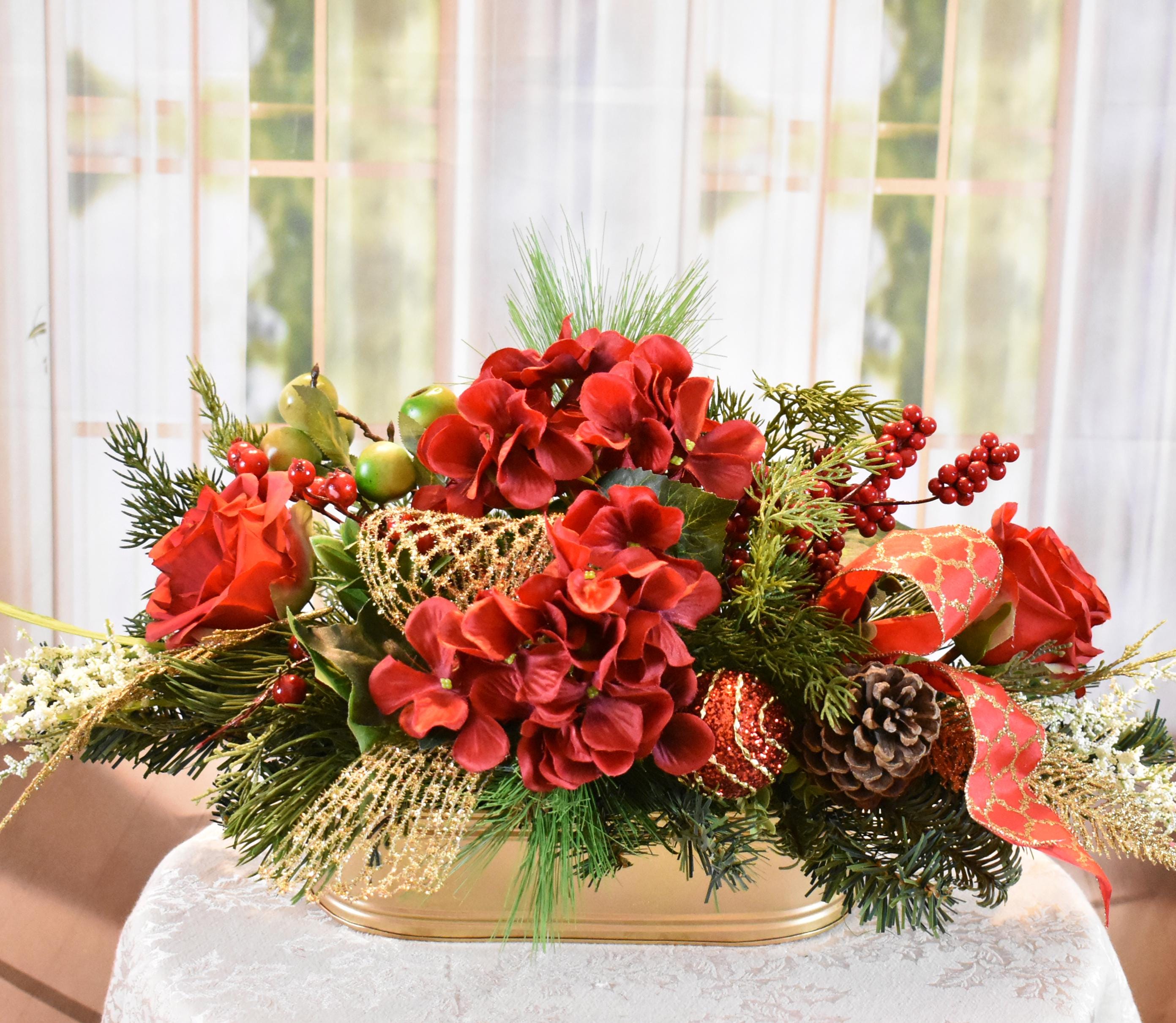 Christmas Floral Silk Centerpiece - Holiday Flower Arrangement - Red ...
