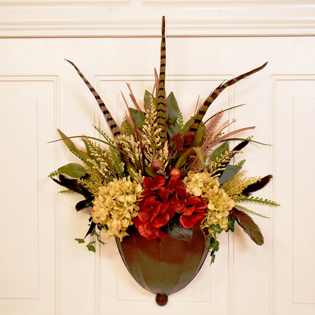 Hydrangea Silk Floral Wall Sconce Wall Pocket With Feathers - Etsy