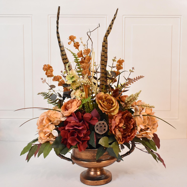 Rust and Tan Peony and Hydrangea Silk Floral Centerpiece With Feathers ...