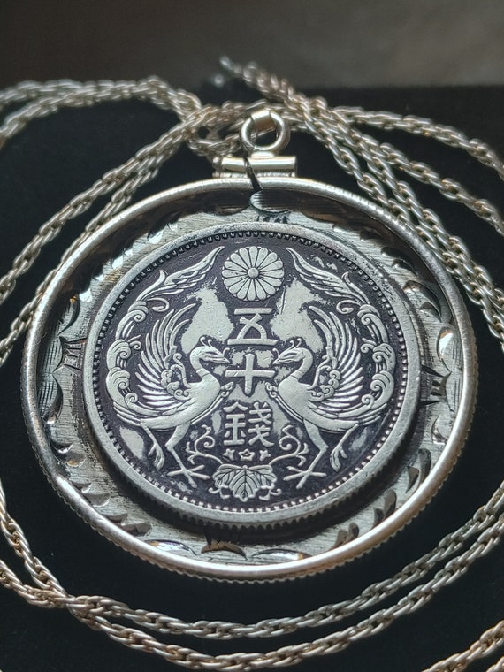 1930s Silver Japanese Twin Phoenix pin-back coin pend… - Gem