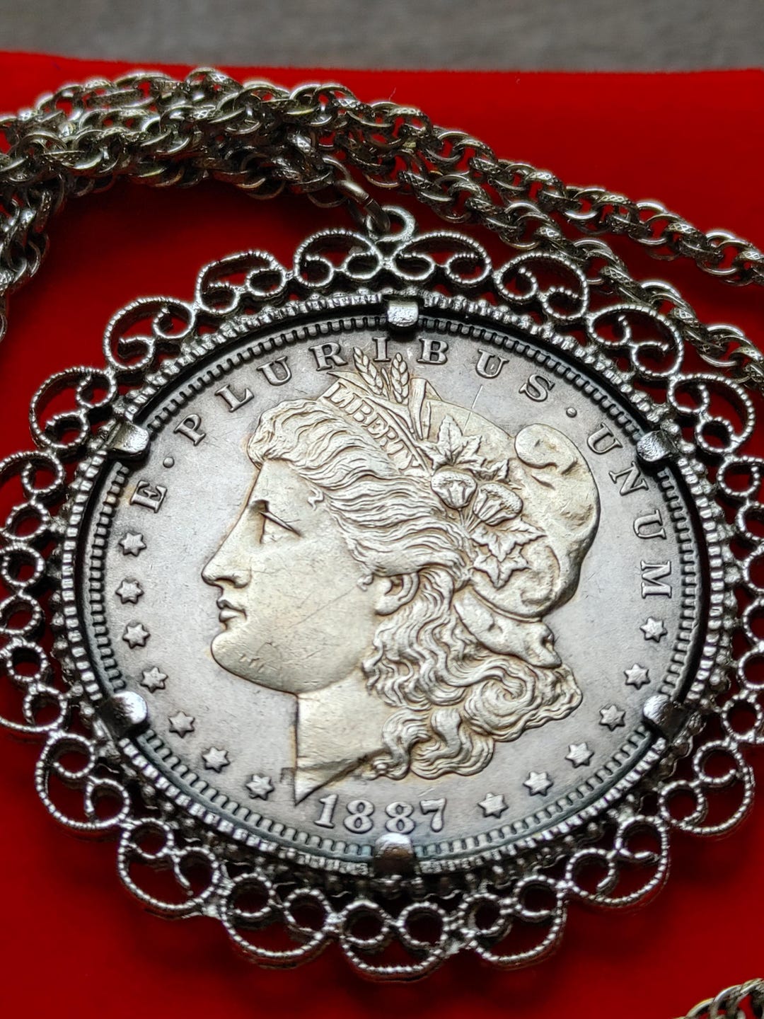 US Original 1887 Morgan Silver Dollar Coin Pendant Set on a 24" Italian ...