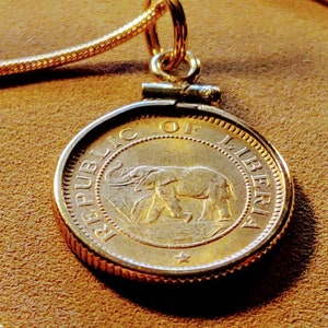 1937 Liberian African Elephant & Palm Tree Sandy Beach Scene Gold ...