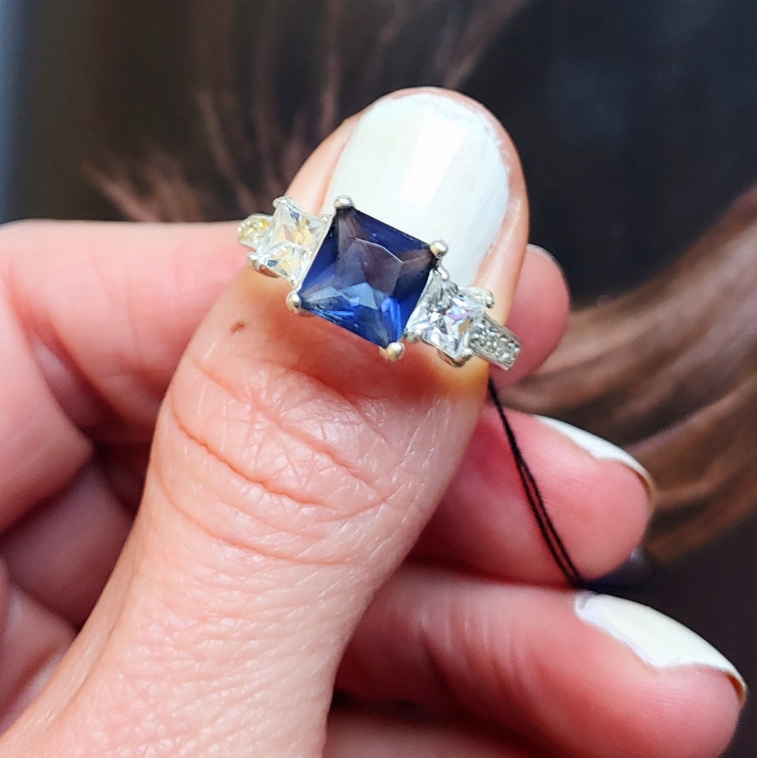 Princess Cut Blue Sapphire Ring With Beautiful Accents on a Sterling ...