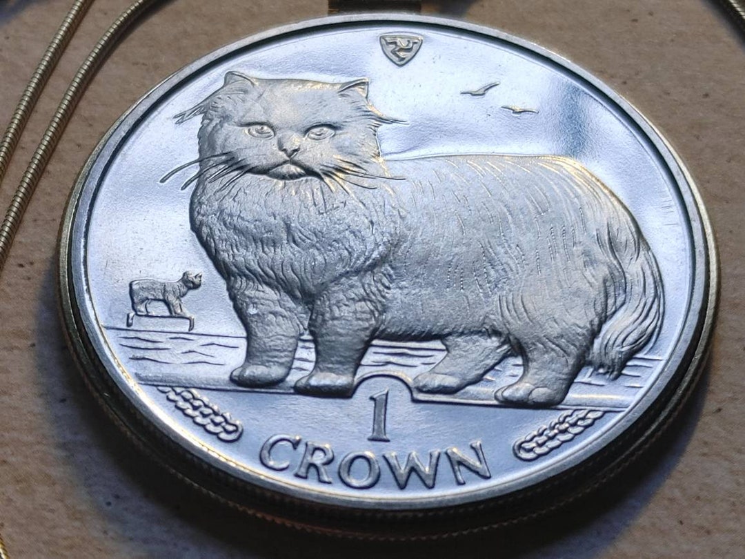 Rare 1989 Isle of Man Persian Cat Crown Coin Pendant Set on a 20 ...