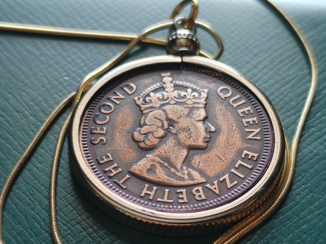 1955 Cypress Queen Elizabeth Brass Five Mils Coin Pendant Set on an 18 ...