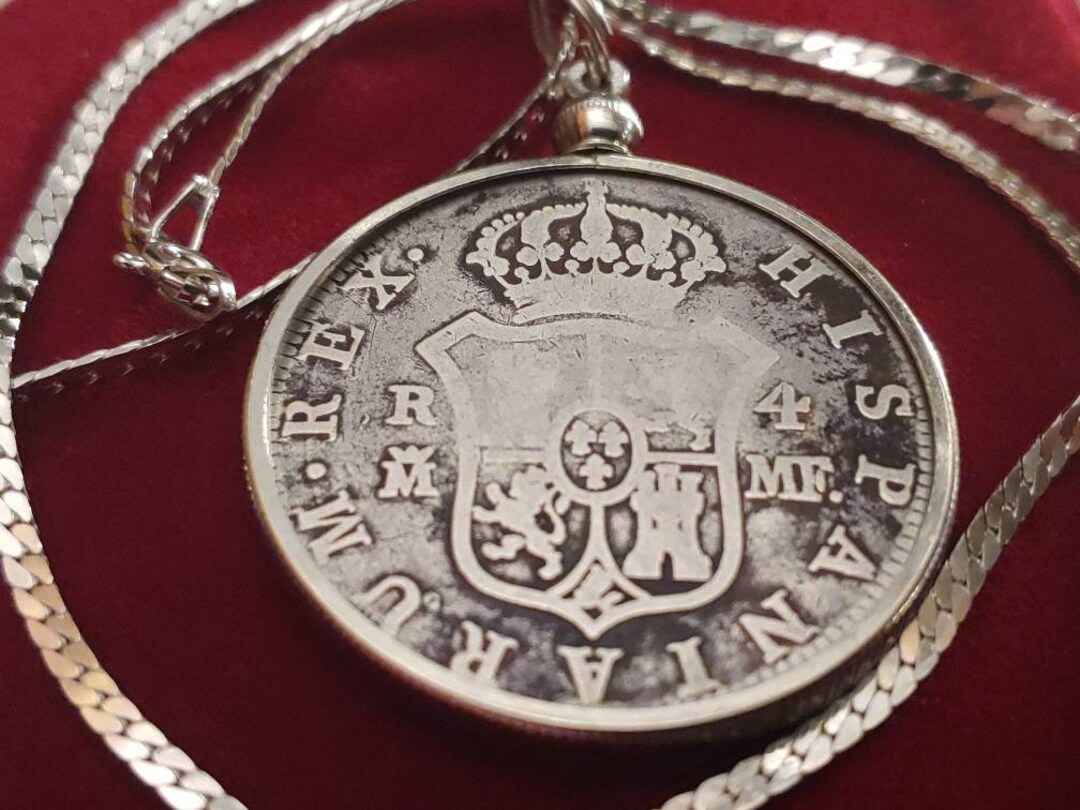 Spanish 1792 Silver Colonial 4 Reale Lions & Castles Coin Pendant on 20 ...