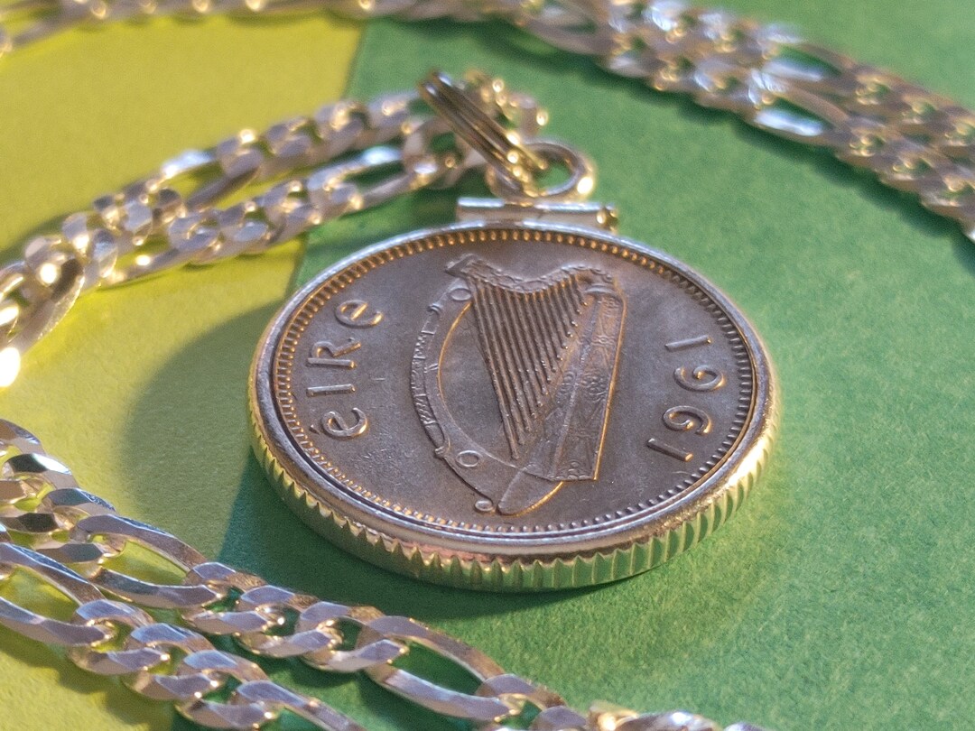 1961 Ireland Rabbit Harp Spring Pence Pendant on a Sterling Silver Link ...