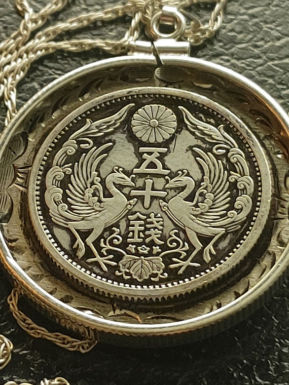 1930s Silver Japanese Twin Phoenix pin-back coin pend… - Gem