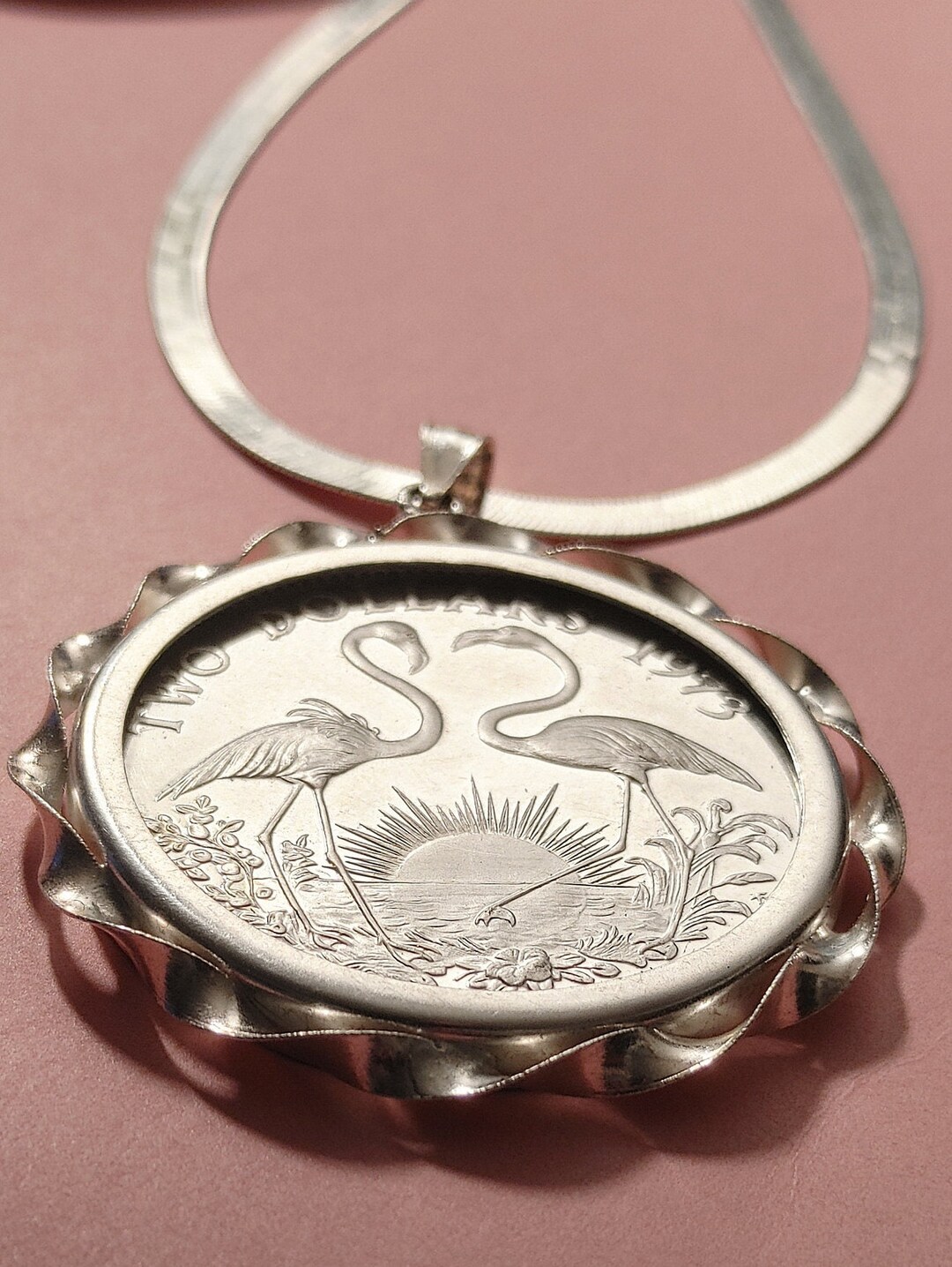 1973 Twin Flame Flamingos Coin Pendant Necklace Bahamas Coin - Etsy