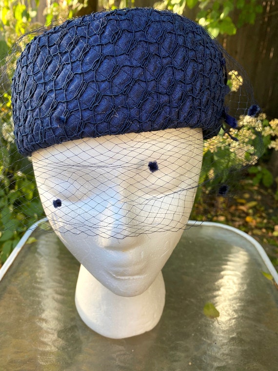 Vintage 1950s-60s Blue Pillbox Hat with Veil - Gem
