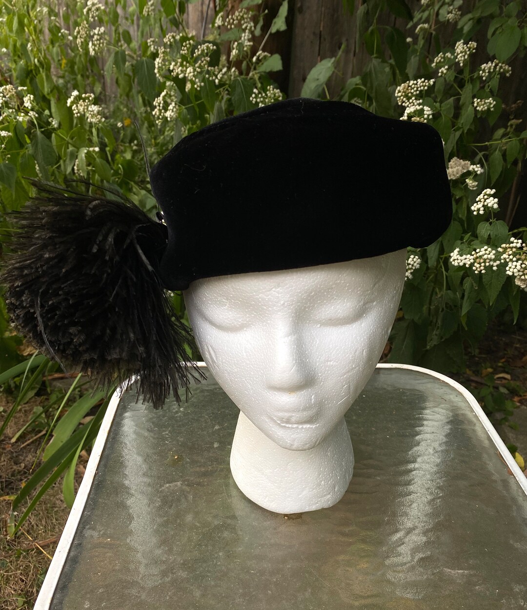 Vintage 1940s-1960s Black Velvet Hat With Feather Poof - Etsy
