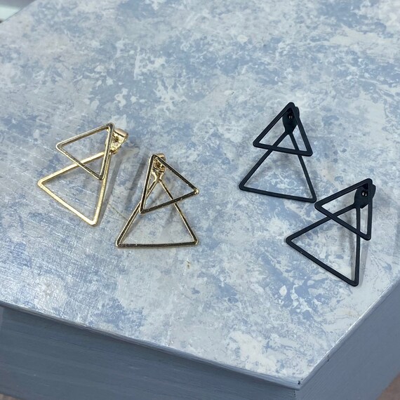 Trendy Front Back Matte Black and Gold Geometric Triangle Stud | Etsy
