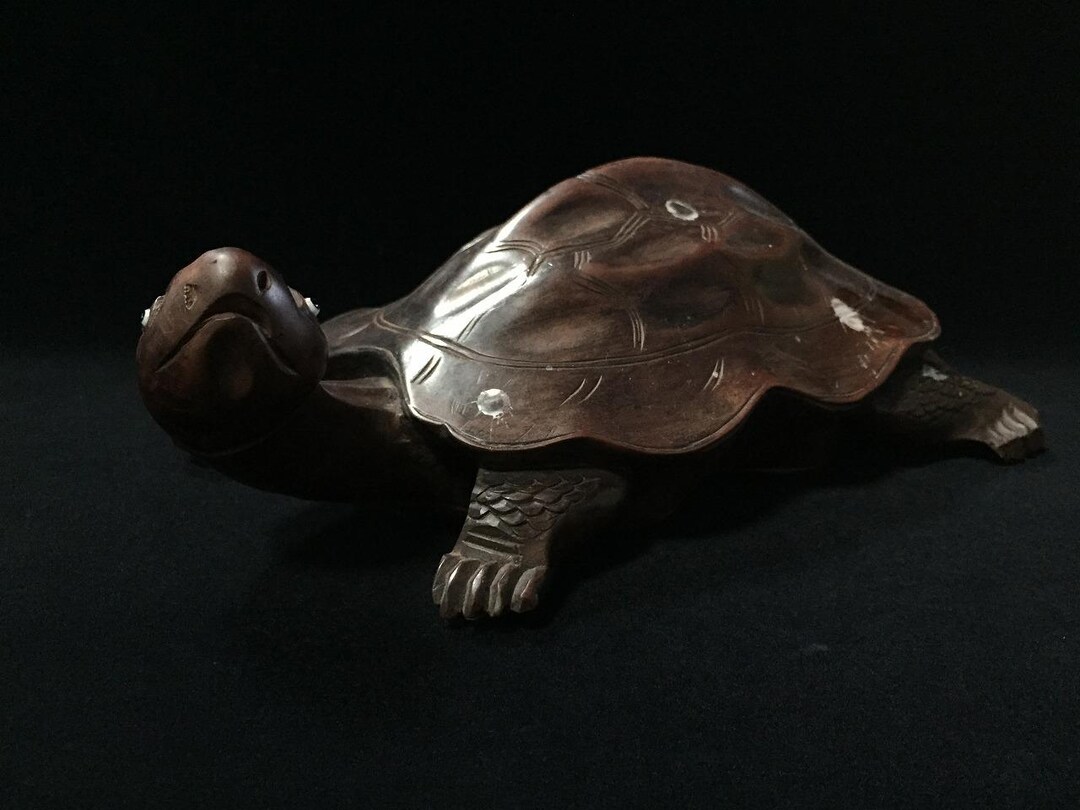X1810 Japanese Wooden Turtle Statue Vintage OKIMONO Interior Figurine ...