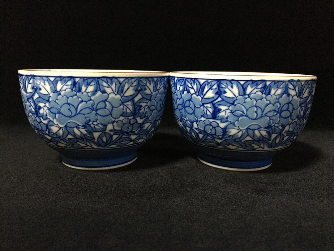 D0240 Japanese Porcelain Tea Cup YUNOMI Set 2pc Vintage Signed Flower ...