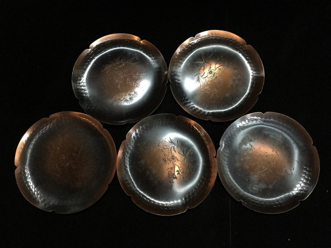U0859 Japanese Copper Tea Cup Saucer CHATAKU Vintage 5pc Plum Flower ...