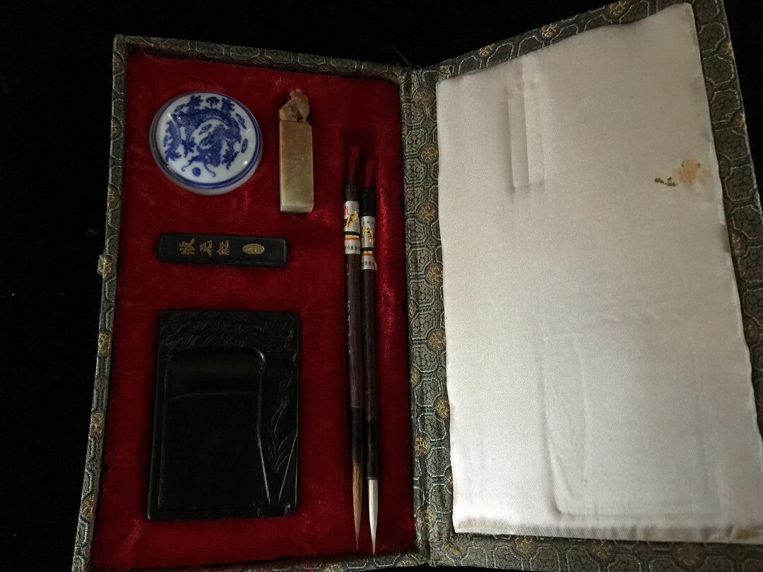 Z1500 Japanese Calligraphy Tool Set Vintage Ink Stone Stick Brush Water ...