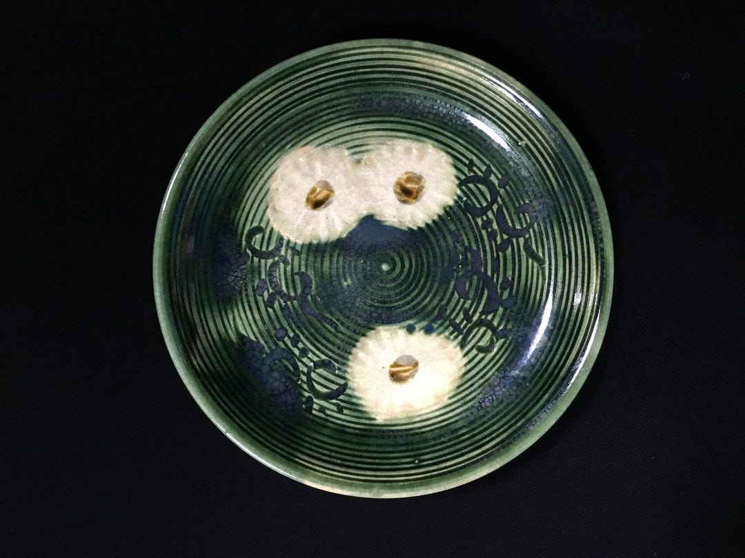 D0026 Japanese Pottery Dish Plate Vintage Signed ORIBE Ware Glaze ...