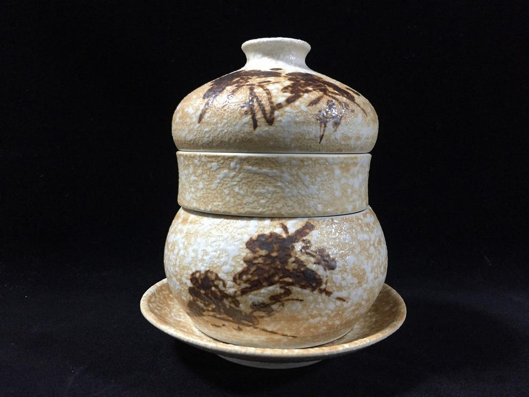 D1339 Japanese Pottery Sake Vessel Bottle & Cup Set Vintage Glaze ...