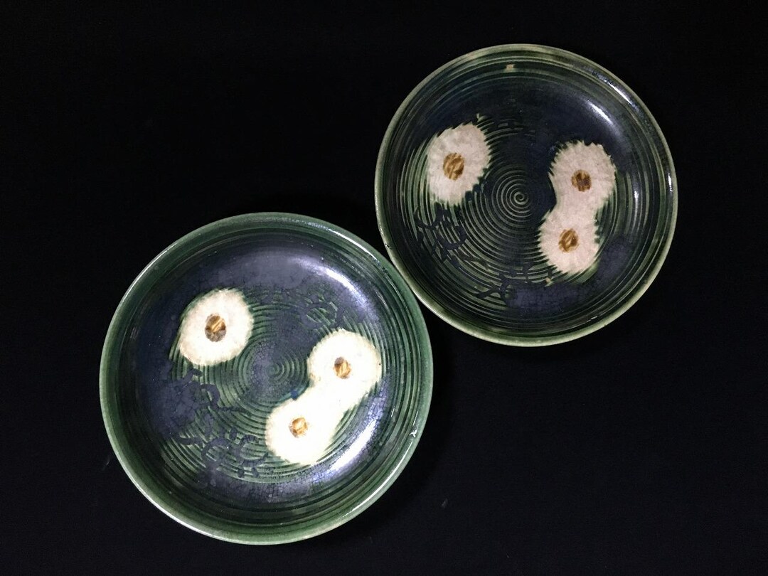 D0053 Japanese Pottery Dish Plate 2pc Vintage Signed ORIBE Ware Glaze ...