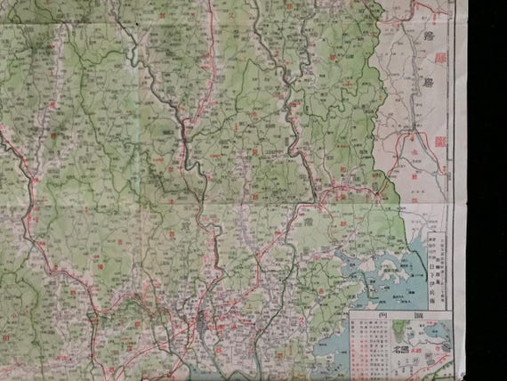B1974 1940s Japanese Okayama Map CHIZU Vintage Road G… - Gem