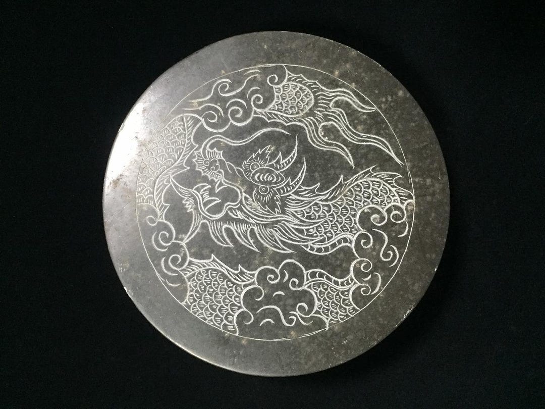 T1179 Japanese Calligraphy Ink Stone SUZURI Vintage Round Lidded Dragon ...