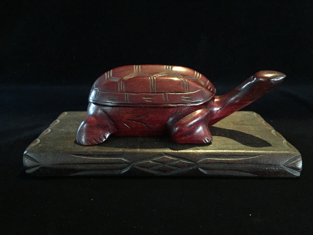 T0853 Japanese Wooden Turtle Statue Okimono Vintage Stand Set Interior ...