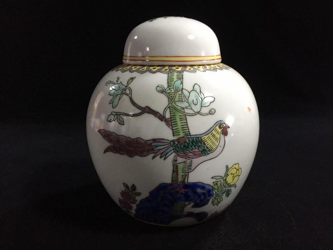 O1206 Chinese Pottery Pot Case Vintage Lidded Signed Interior Peacock ...