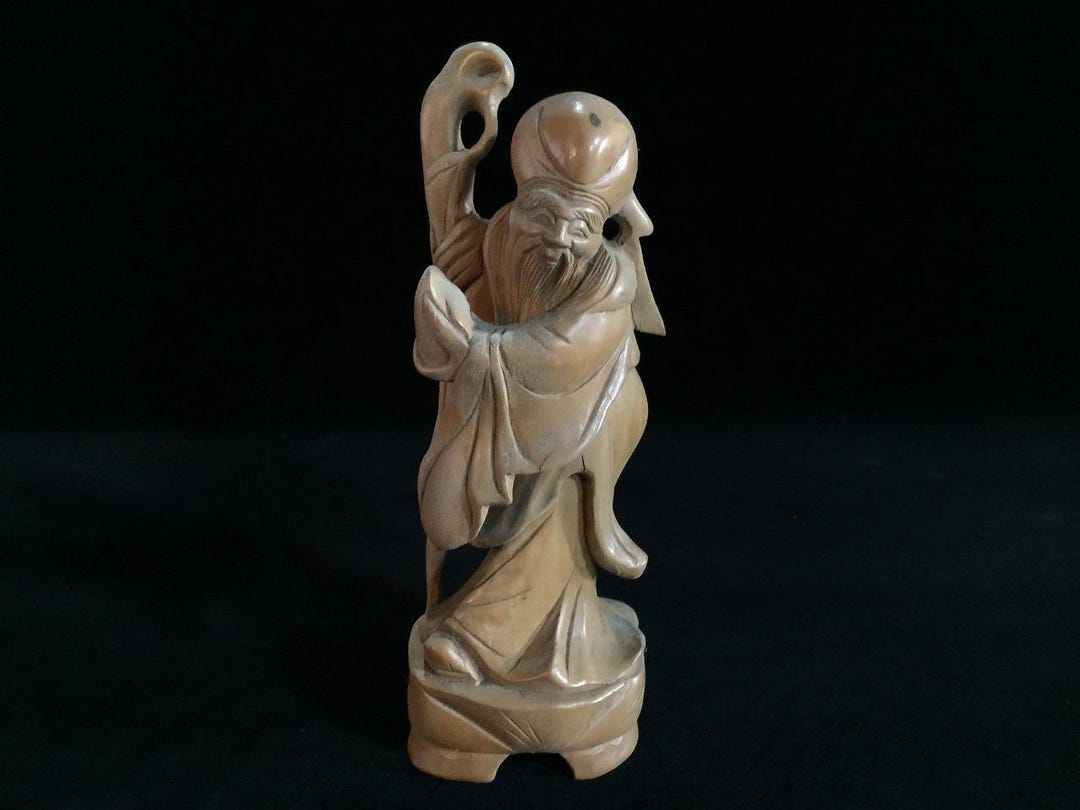 Z1564 Japanese Wooden Hermit Statue Doll Vintage Okimono Interior Cane ...