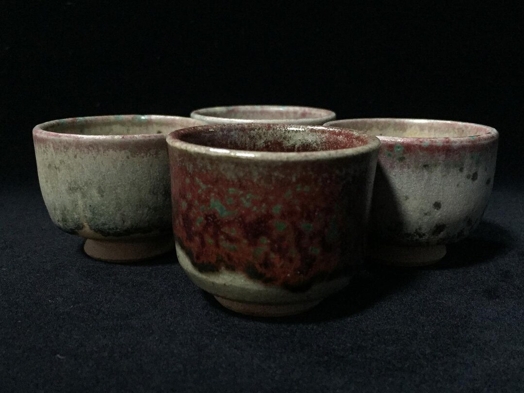 E1483 Japanese Pottery Sake Cup GUINOMI Set 4pc Vintage Liquor Glaze ...