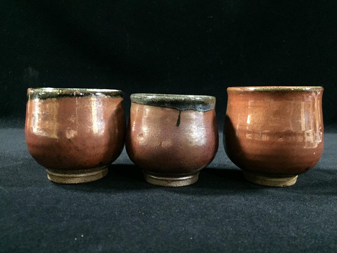 D1430 Japanese Pottery Tea Cup YUNOMI Set 3pc Vintage SENCHA Glaze ...